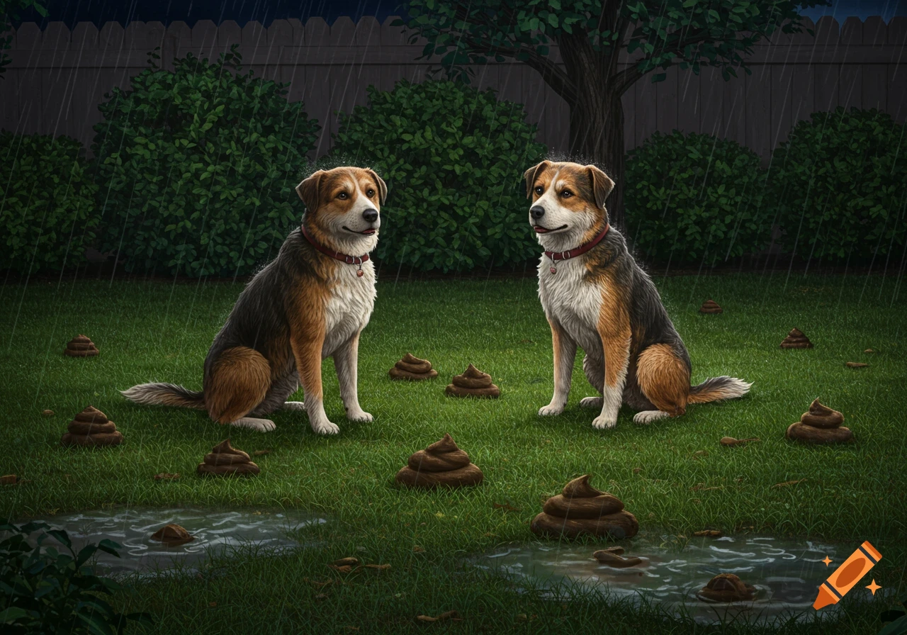 Two wet, photorealistic dogs sit on a rainy green lawn covered in piles ...
