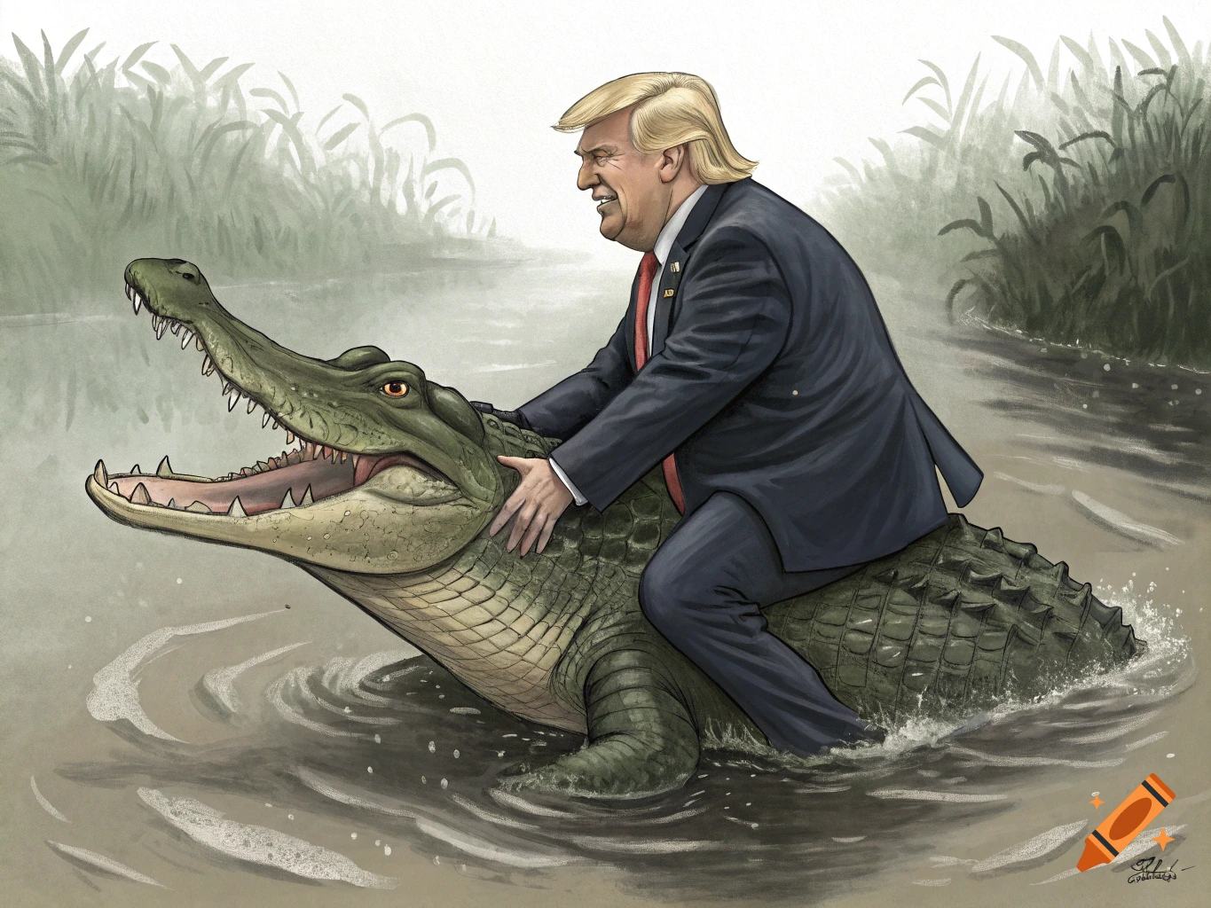 Cartoon illustration of Donald Trump riding on the back of a large ...