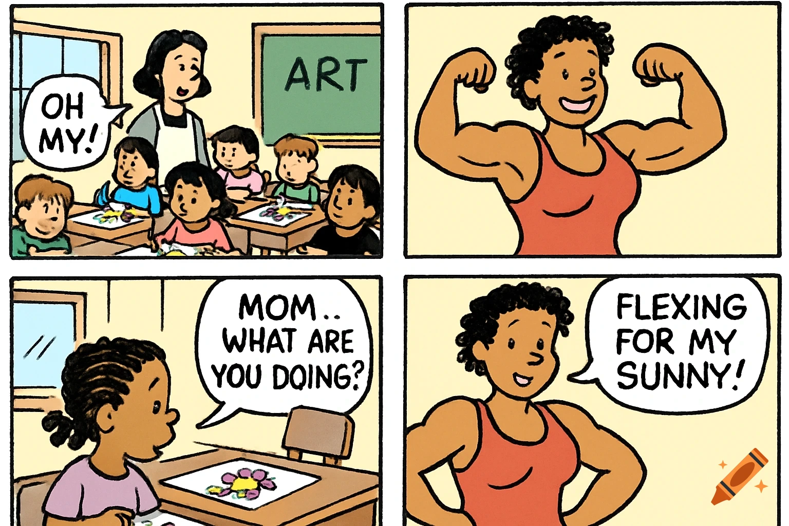 A four-panel cartoon comic strip shows Sunny's mom flexing for her ...