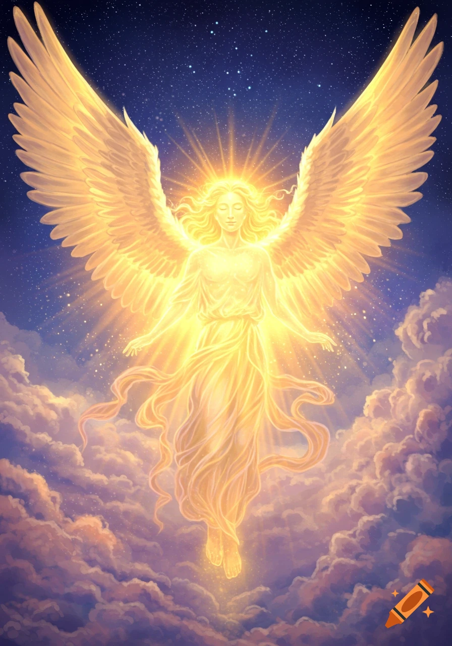 A radiant archangel made of golden light floats among clouds against a ...