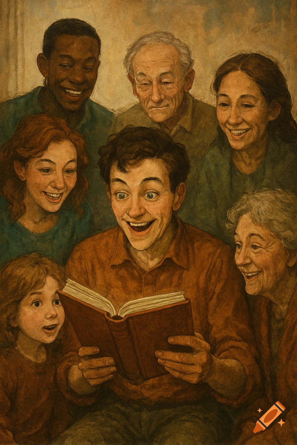A diverse group of adults and a child excitedly gather around a person ...