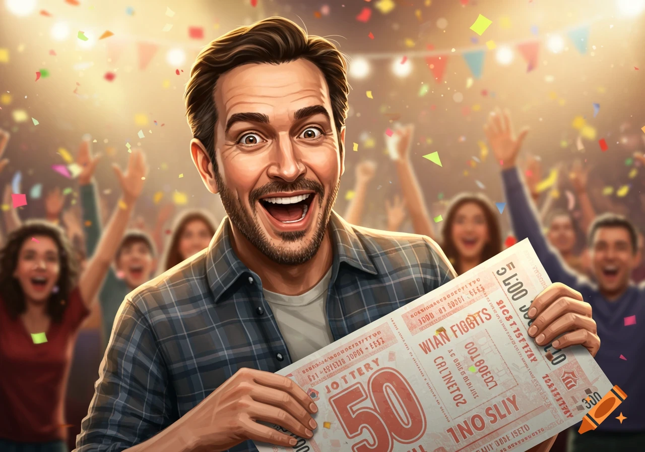 A man joyfully holds a lottery ticket with "LOTTERY" and "50" printed ...