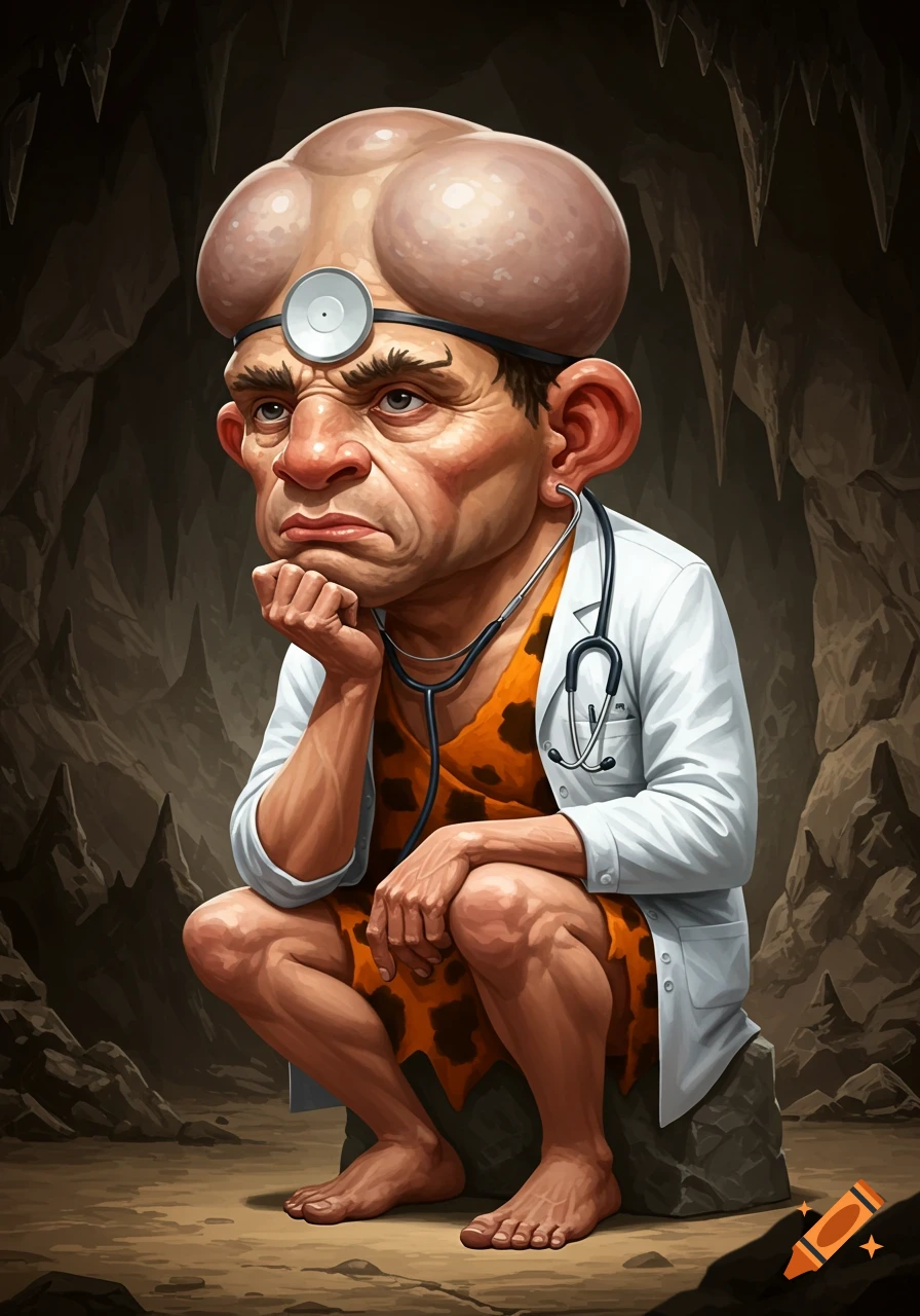 A cartoon caveman doctor with a large head in a lab coat and loincloth ...