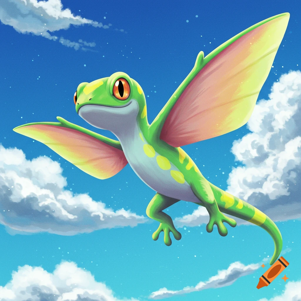 A stylized green gecko with orange eyes and light orange wings flies ...