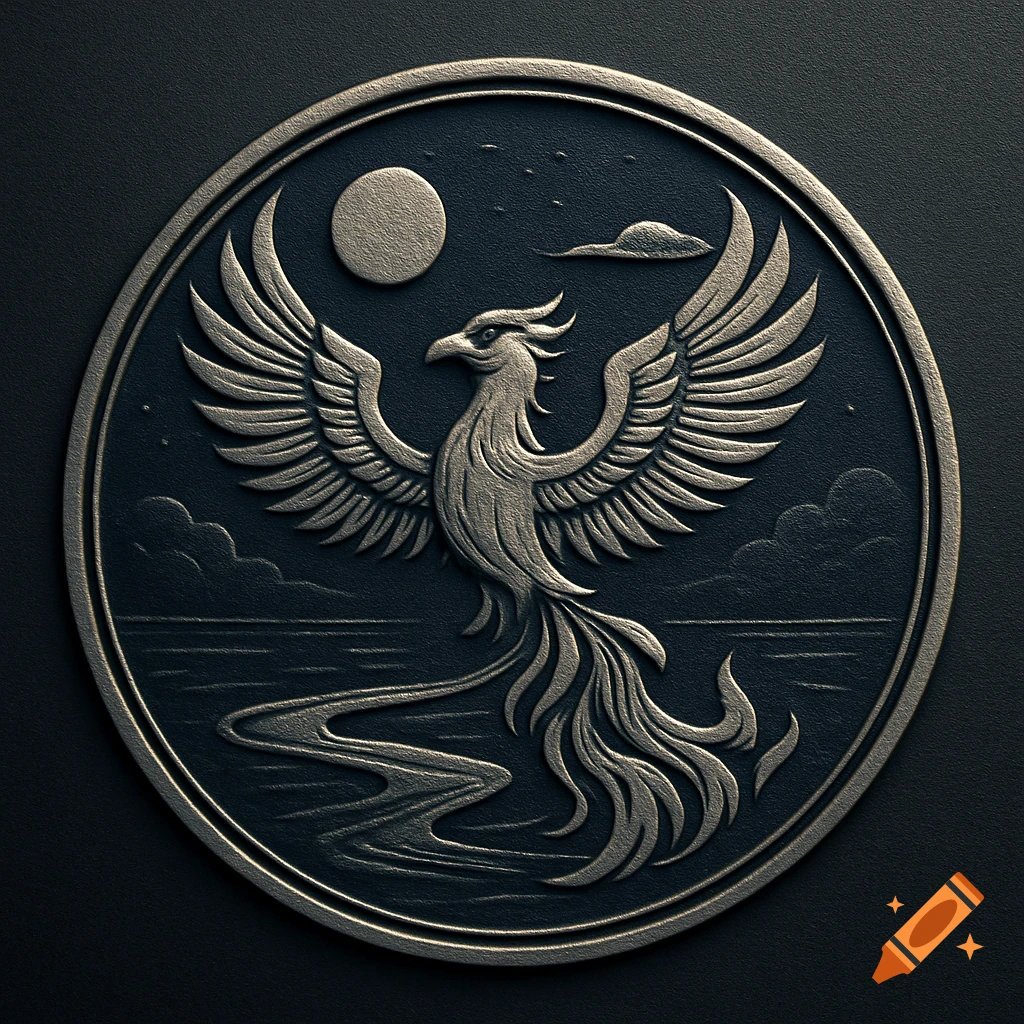 Embossed silver medallion with a phoenix rising from water under a ...