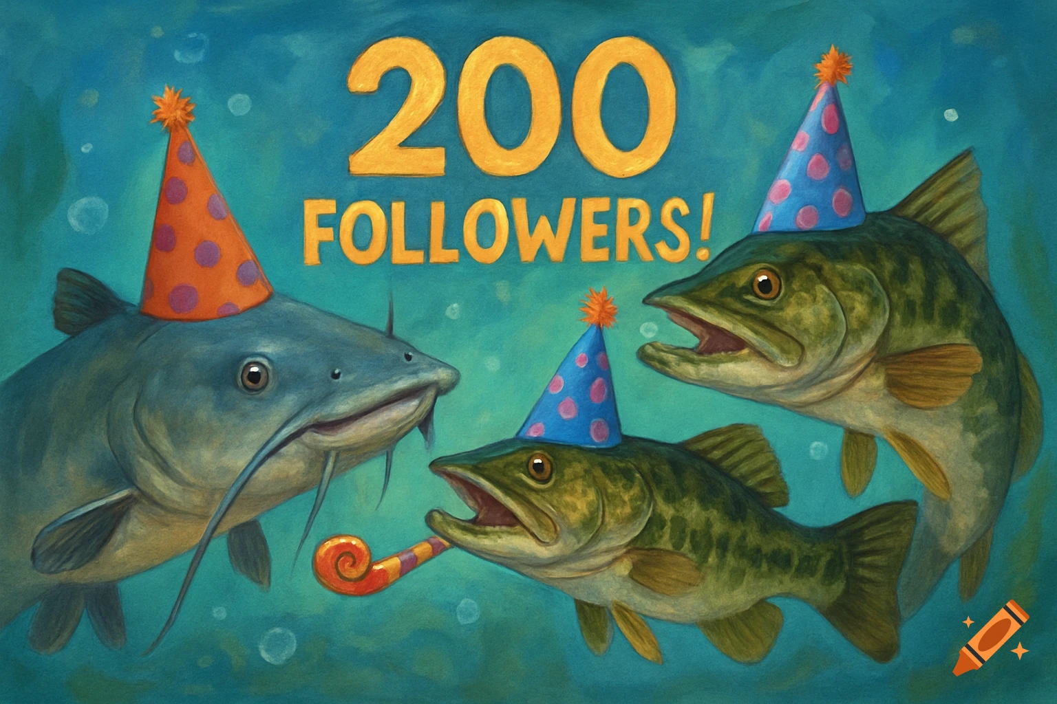 Illustration of a catfish and two bass in party hats underwater ...