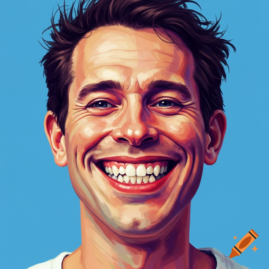 A colorful illustration of a man with an exaggerated wide smile showing ...