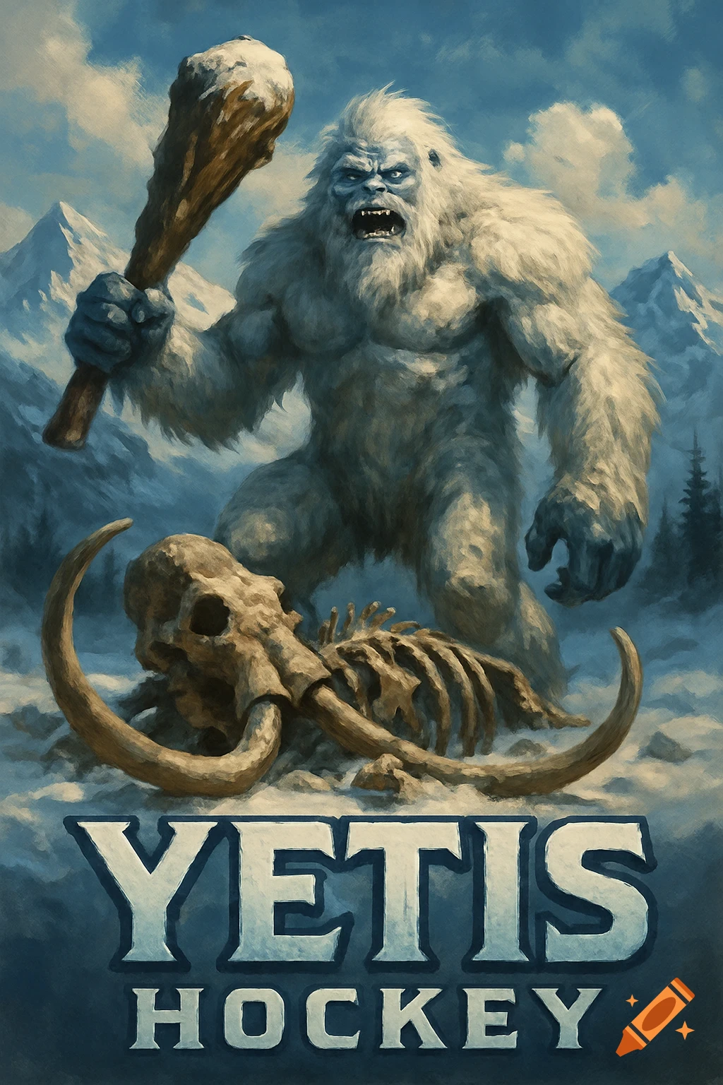 Illustration of an angry yeti holding a club over mammoth bones in a ...