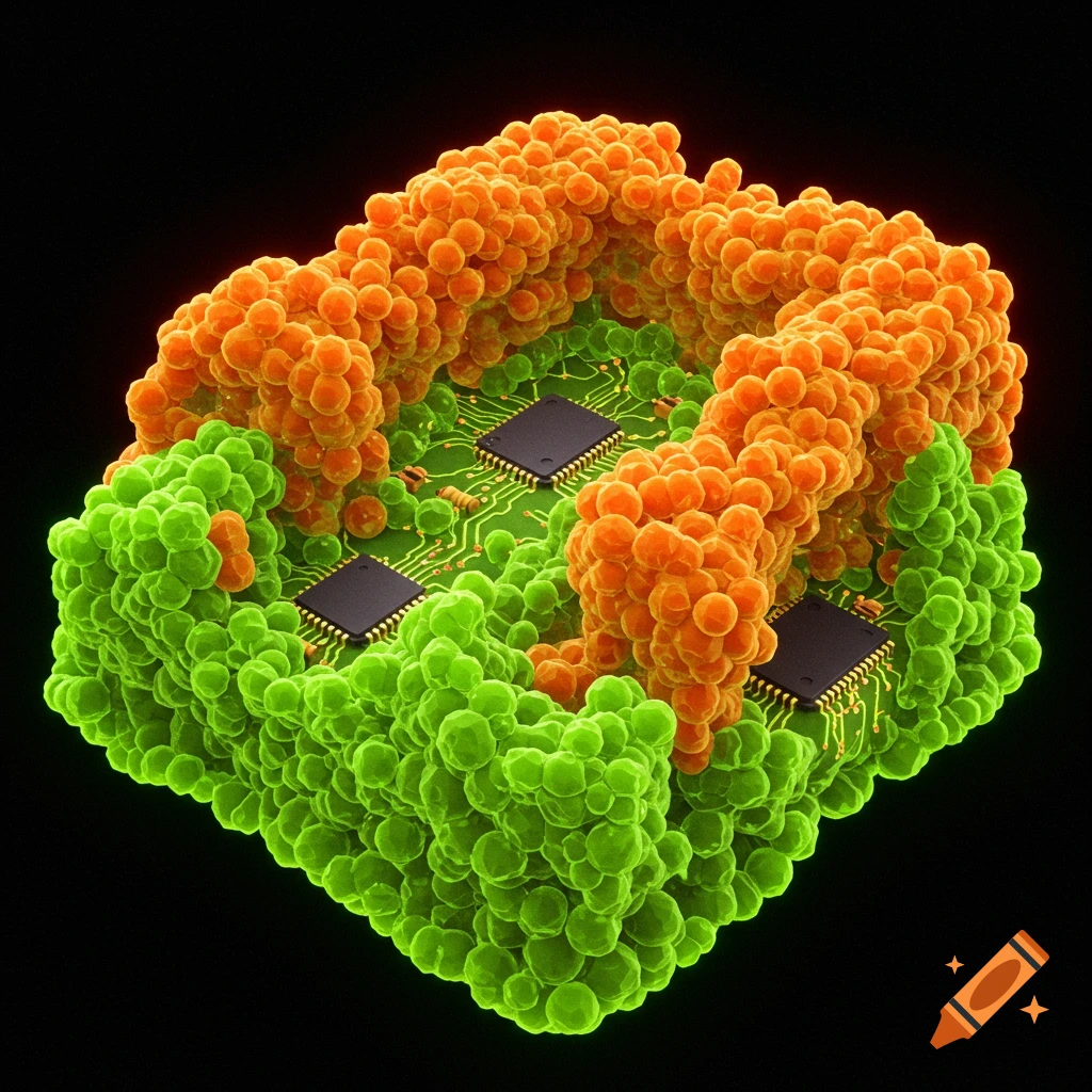 An abstract bio-computer composed of lime green and orange spherical ...