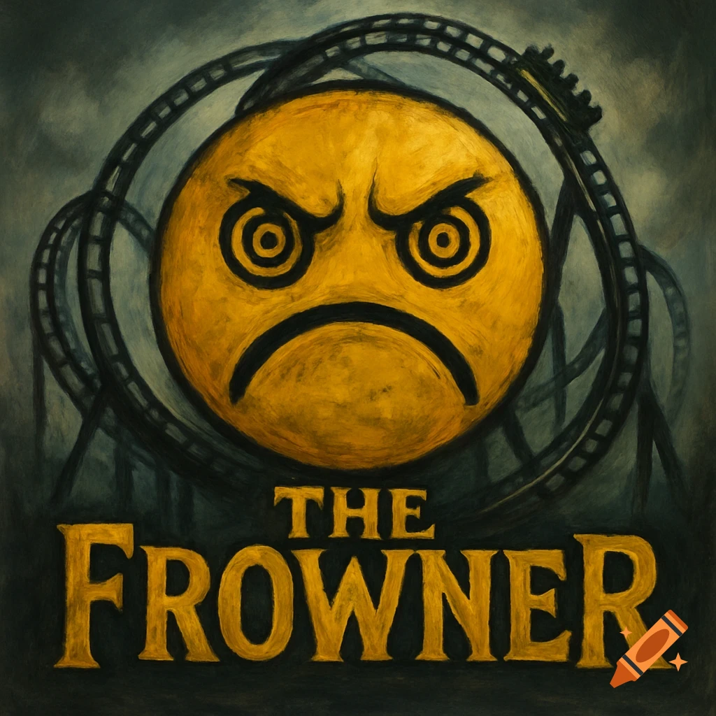 A logo for "THE FROWNER" roller coaster, featuring an angry yellow ...