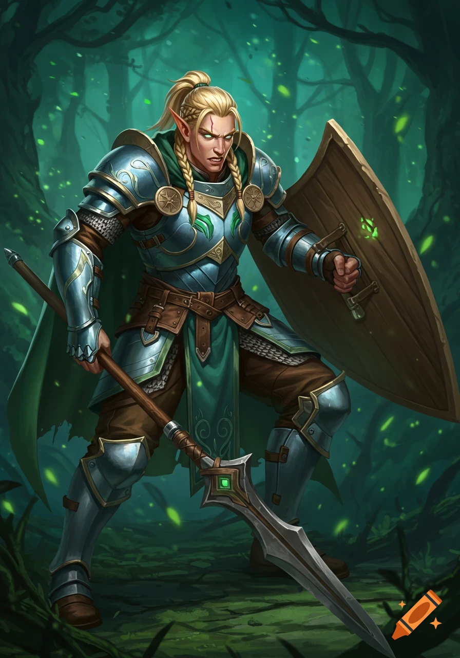Blonde elf fighter in ornate armor holding a spear and wooden shield in ...