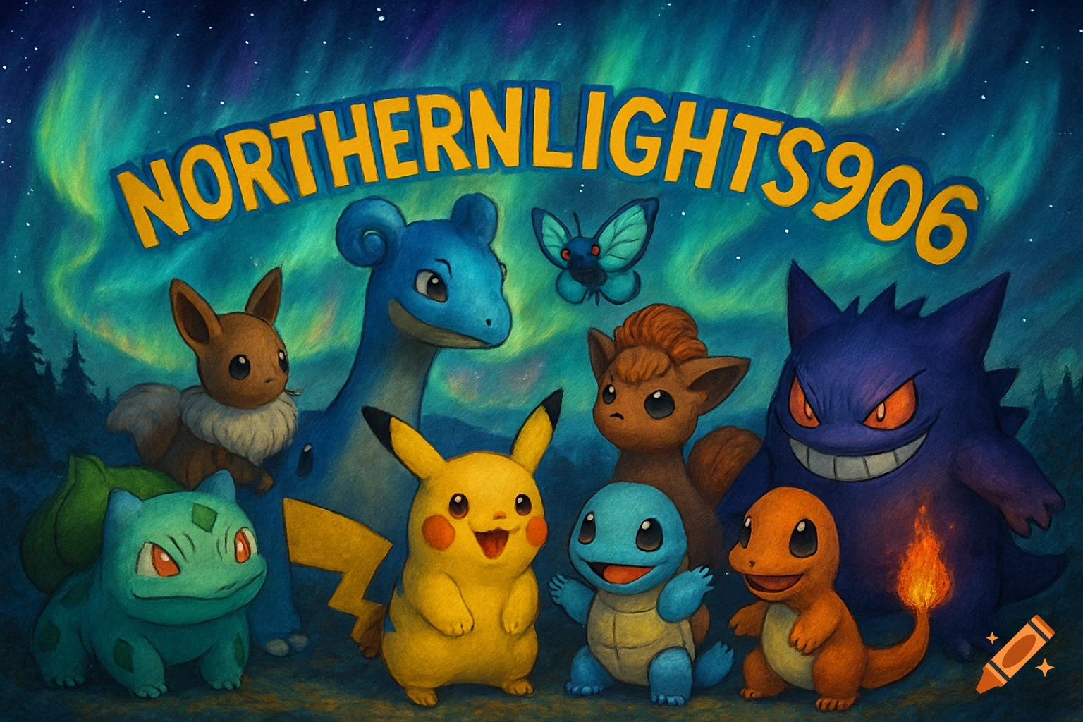 A vibrant digital painting featuring a group of Pokemon characters ...