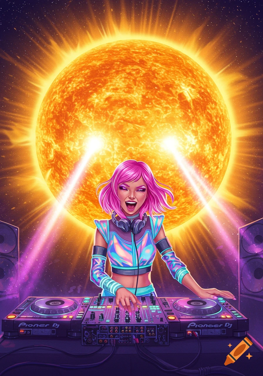 Vibrant illustration of a female DJ with pink hair and iridescent ...