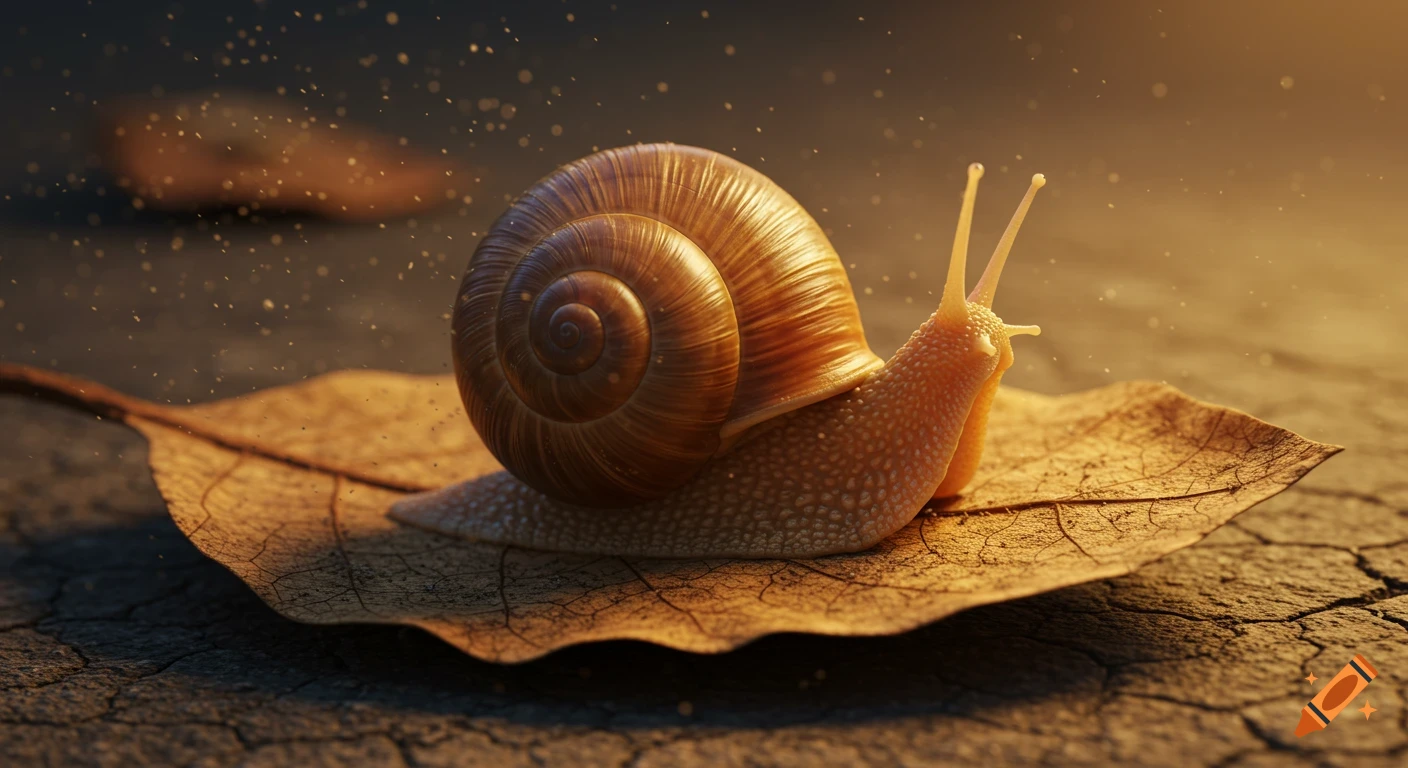 A detailed Pixar-style 3D render of a snail on a parched leaf with warm ...
