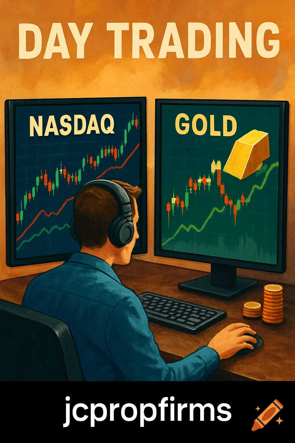 Illustration of a person day trading on two monitors showing NASDAQ and ...