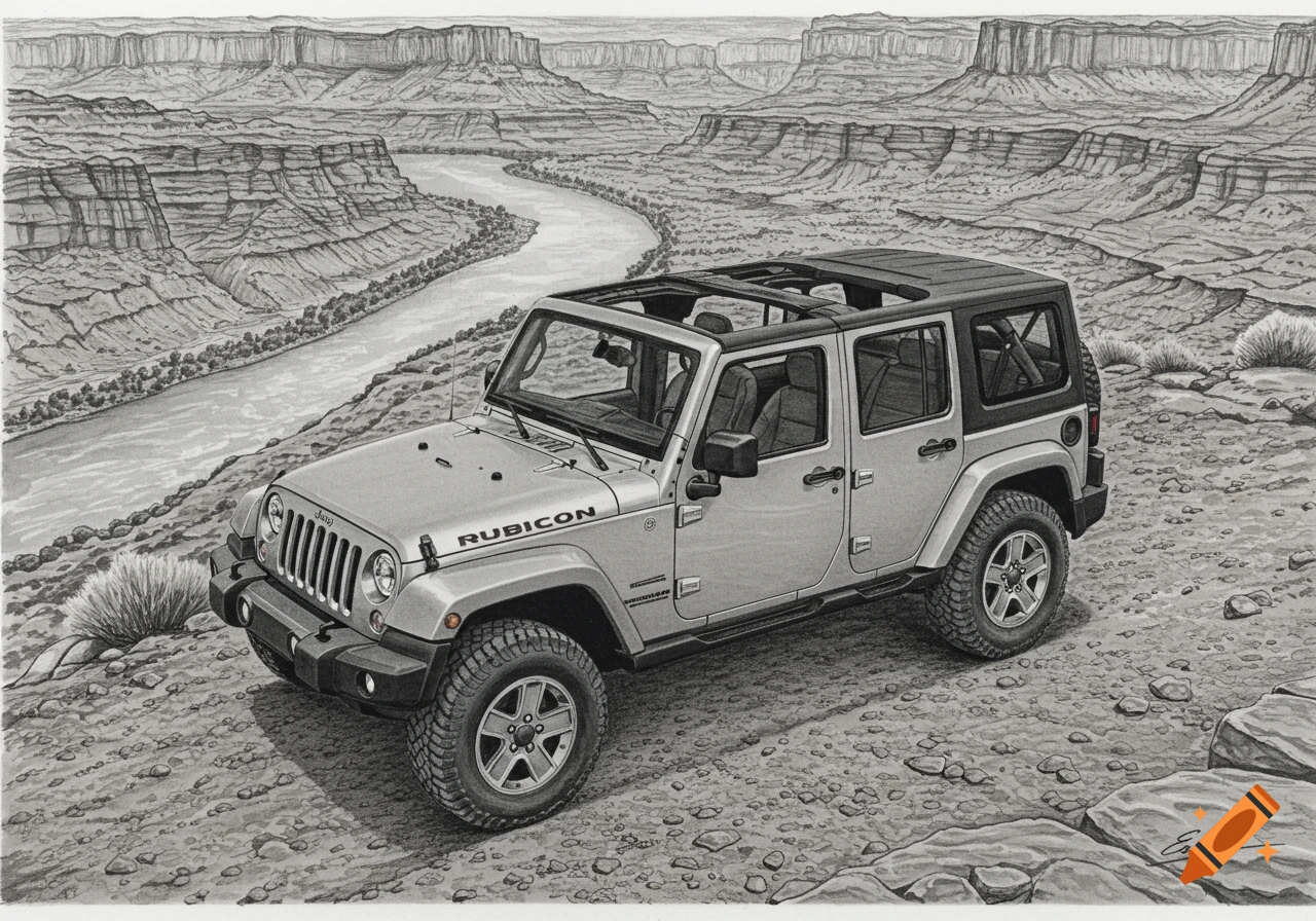Grayscale pencil drawing of a silver Jeep Wrangler Rubicon with its top ...