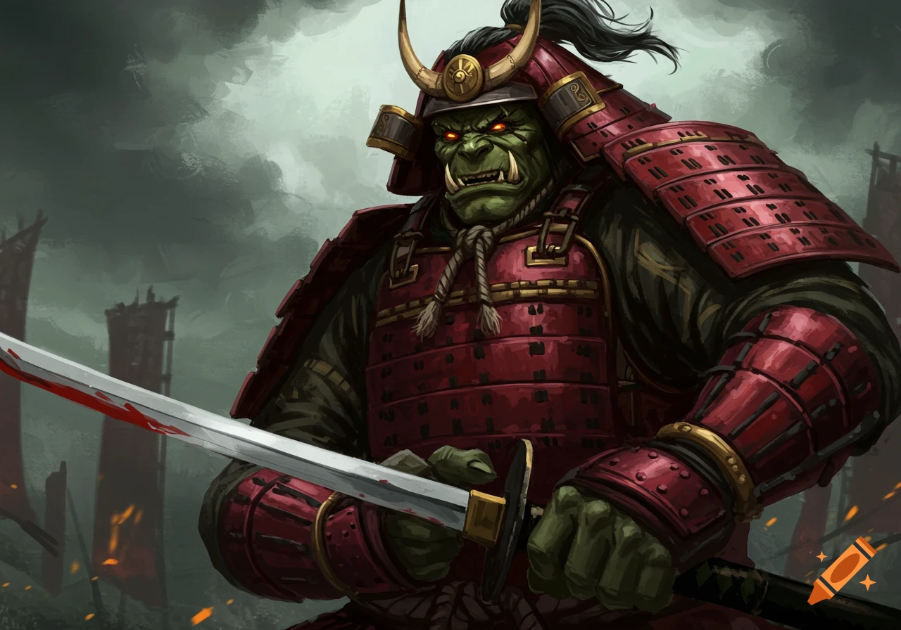 A fierce green orc samurai in red armor holds a blood-splattered katana with glowing red eyes ...