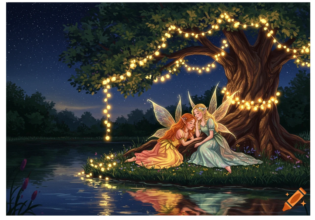 Two fairies sit under a large tree strung with glowing lights beside ...