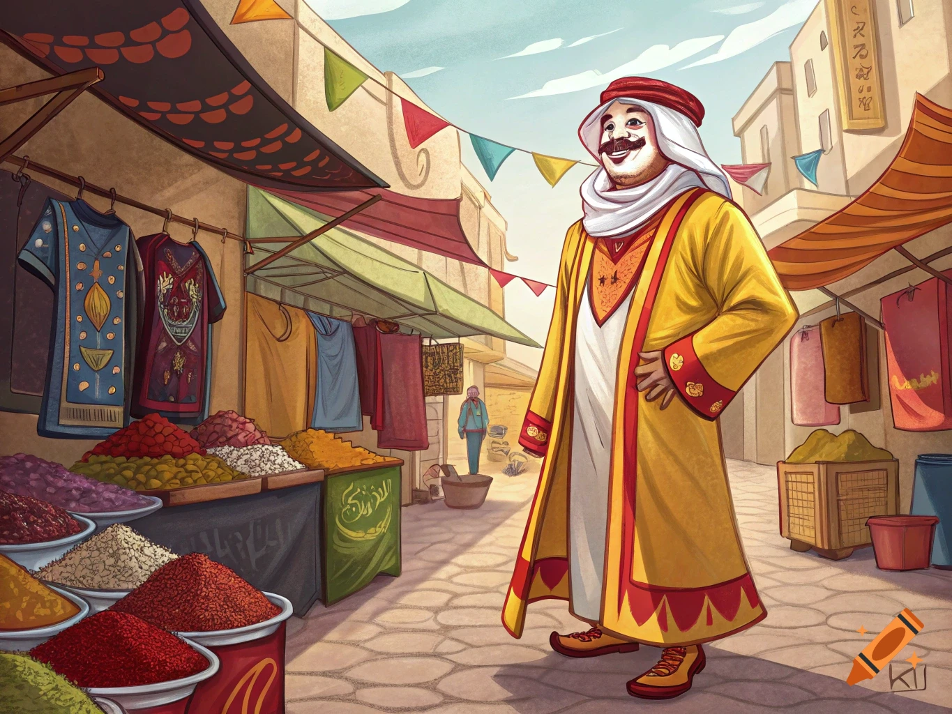 Cartoon illustration of a man with a large smile and mustache, wearing ...