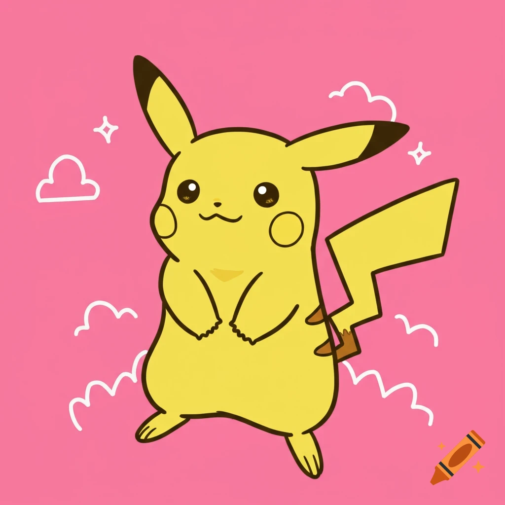 A simple yellow cartoon Pikachu stands on a pink background with white ...