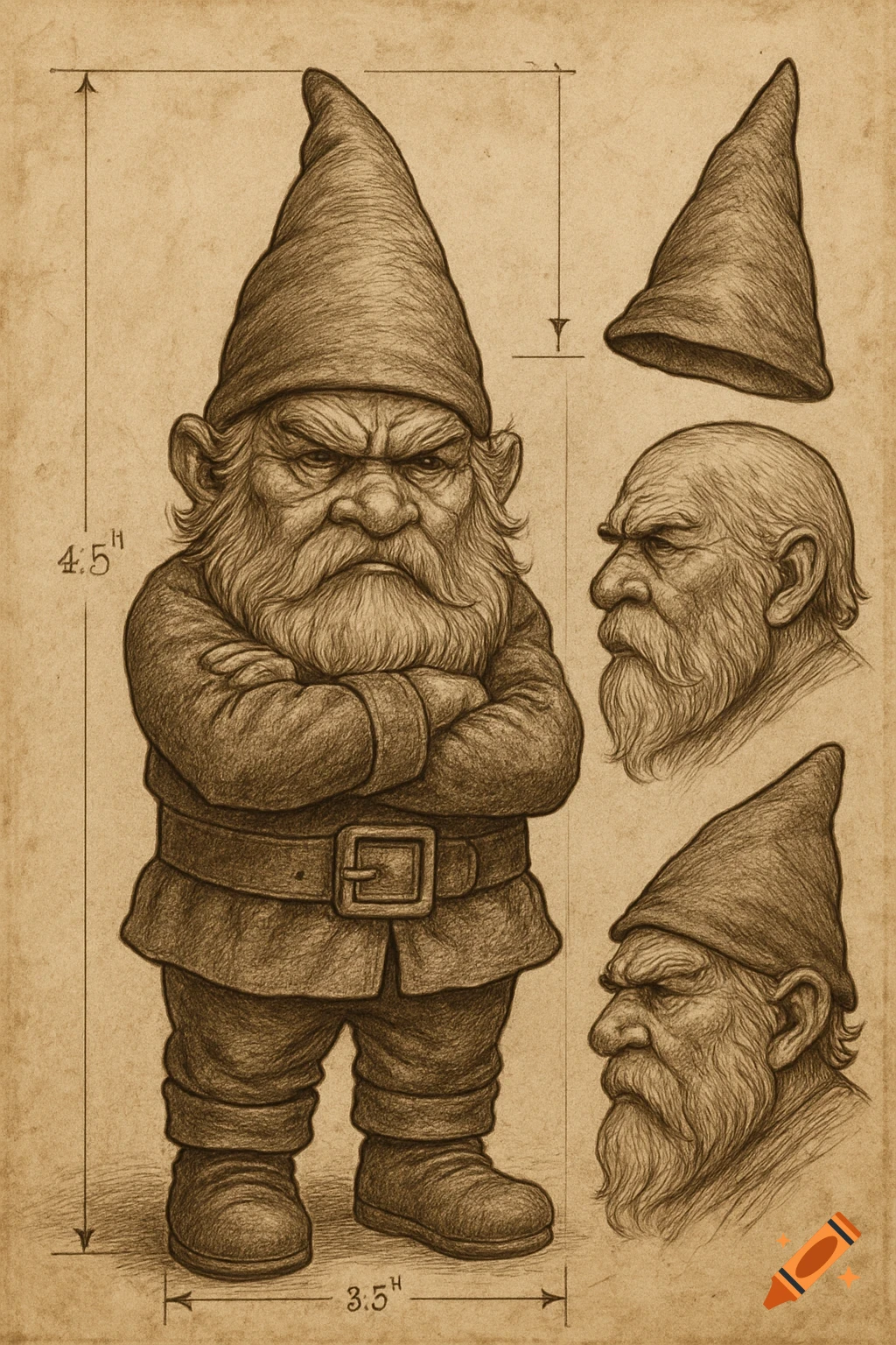 A detailed sepia drawing of a grumpy garden gnome presented as a ...