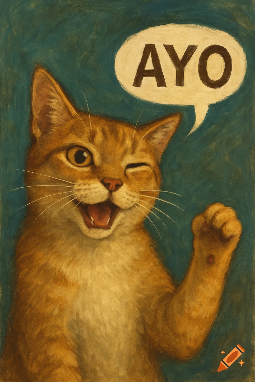A happy orange tabby cat winks and smiles, raising a paw, with a speech ...