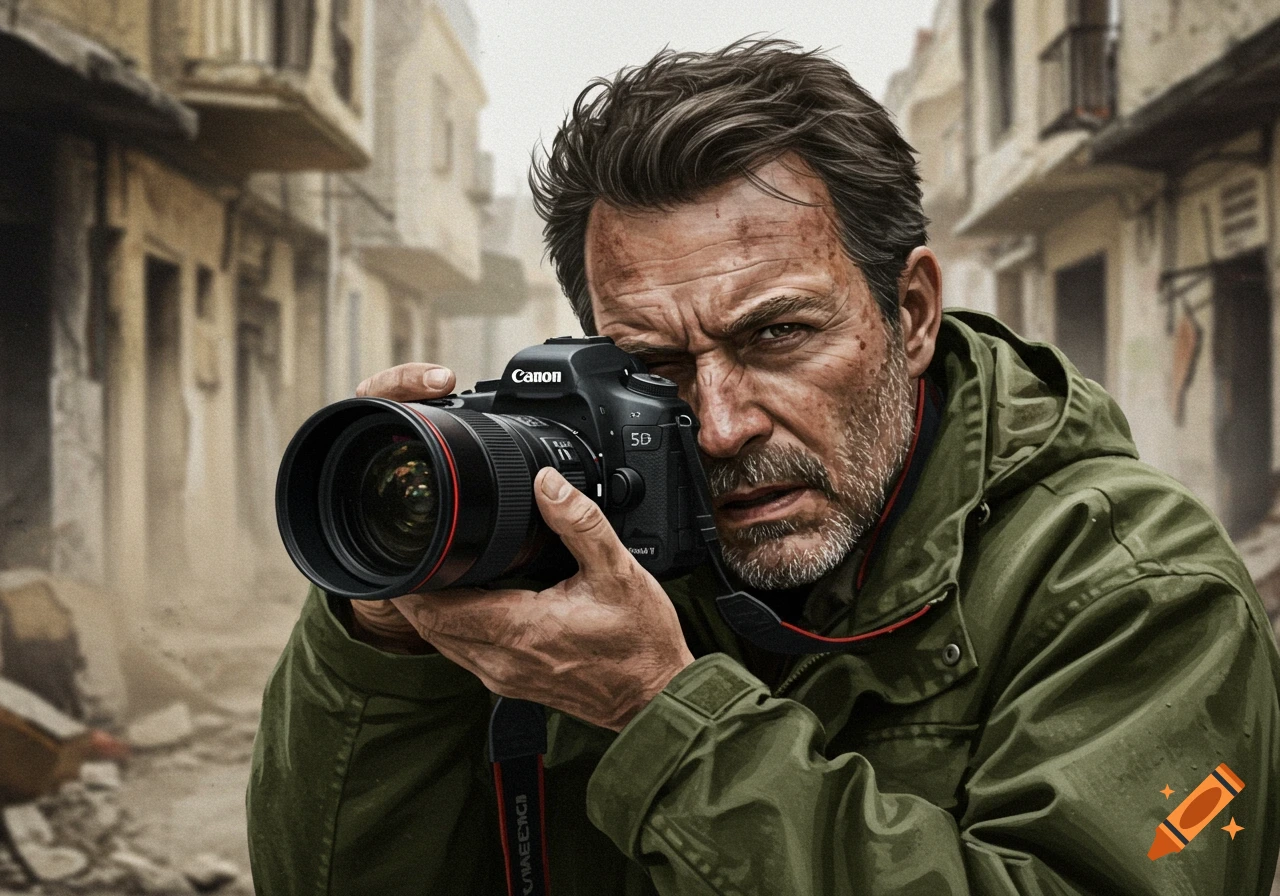 A photorealistic image of a gritty war photographer holding a Canon ...