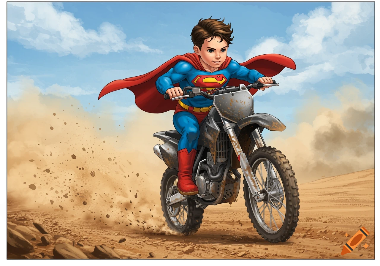 A young boy dressed as Superman rides a dirt bike through a dusty ...