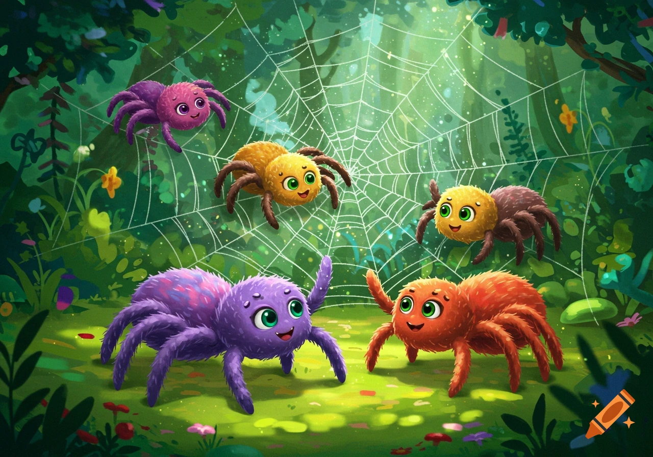 Cute cartoon spiders with big eyes in a lush green forest with glowing ...