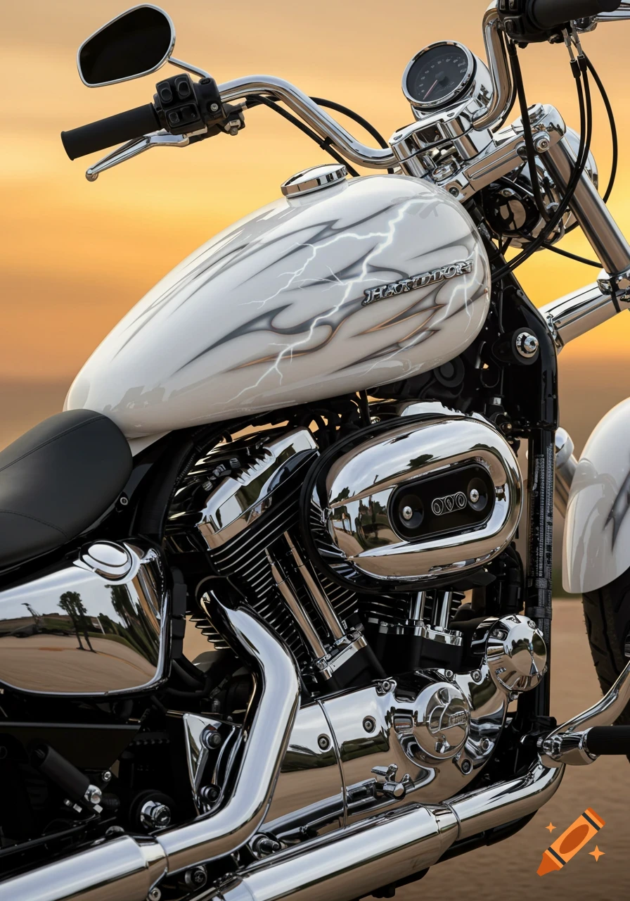 Close-up of a white motorcycle with lightning bolt designs on its gas ...