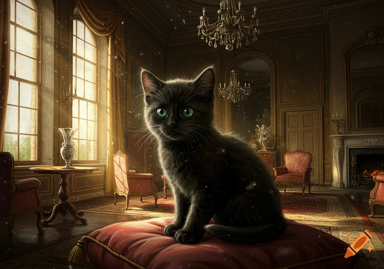 A fluffy black kitten with green eyes sits on a red velvet cushion in a ...