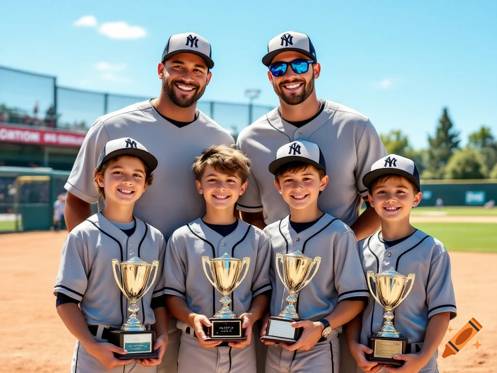 A group of happy youth baseball players and their coaches pose on a ...