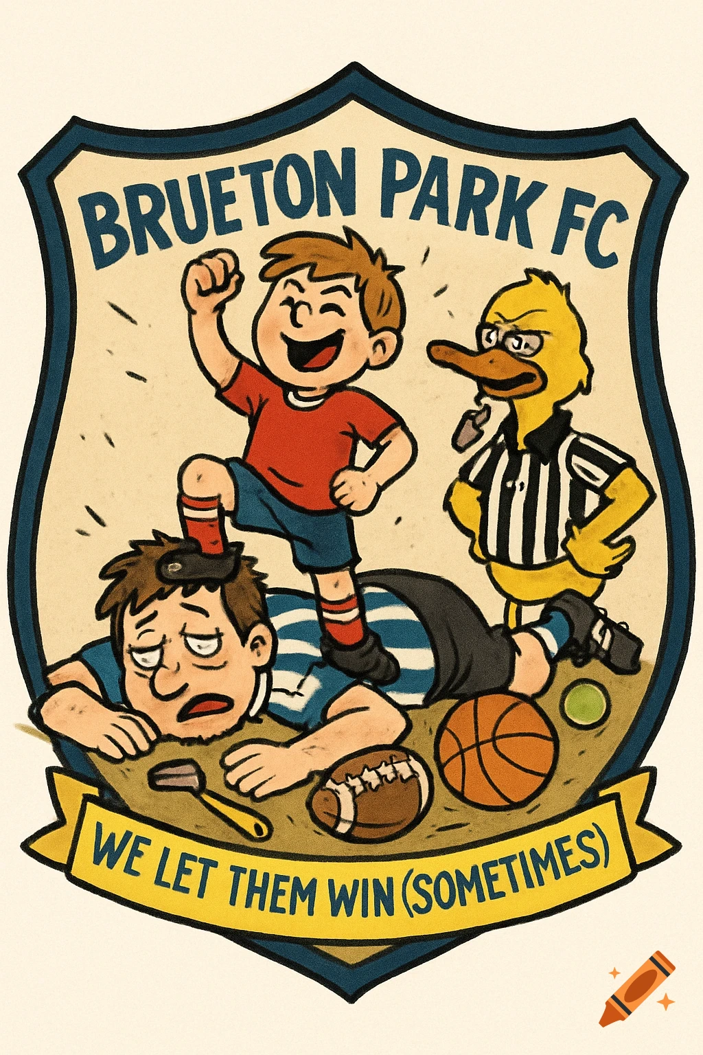 Cartoon sports emblem: a kid stands on a tired adult, with a duck ...