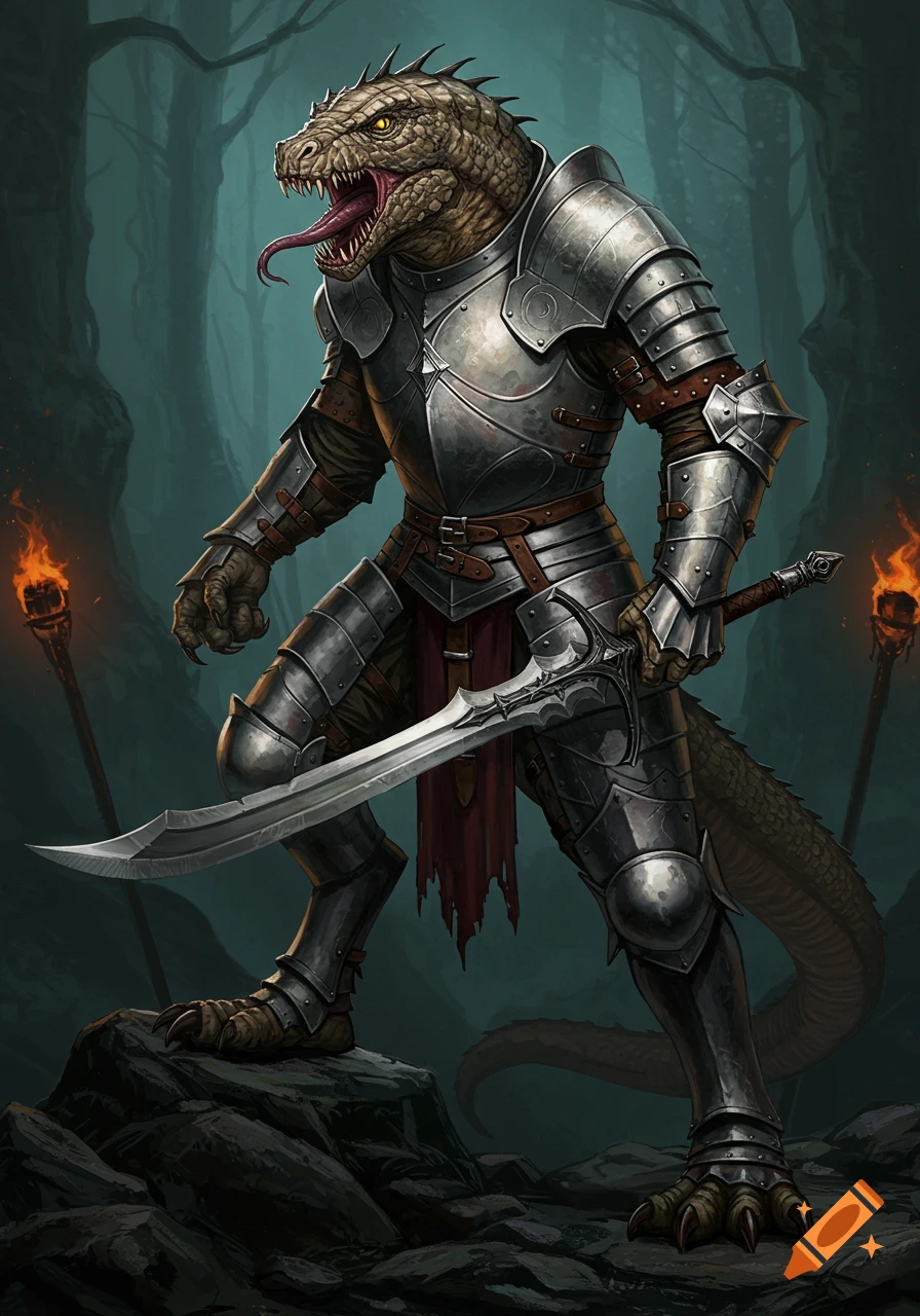 A fearsome lizard man in metal armor holds a jagged sword in a dark ...