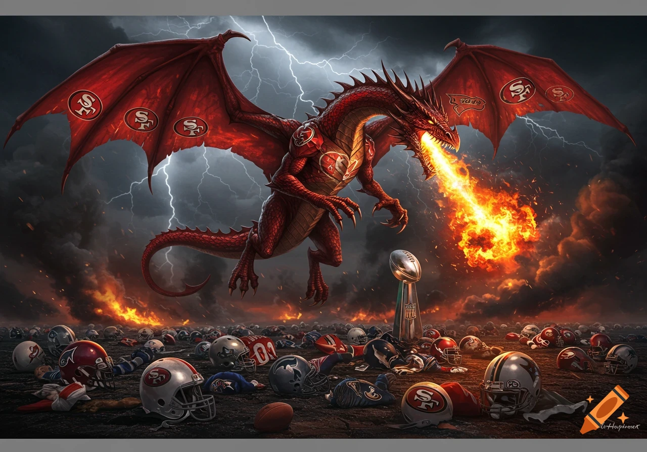 A red dragon with 49ers logos breathes fire over a field of scattered ...
