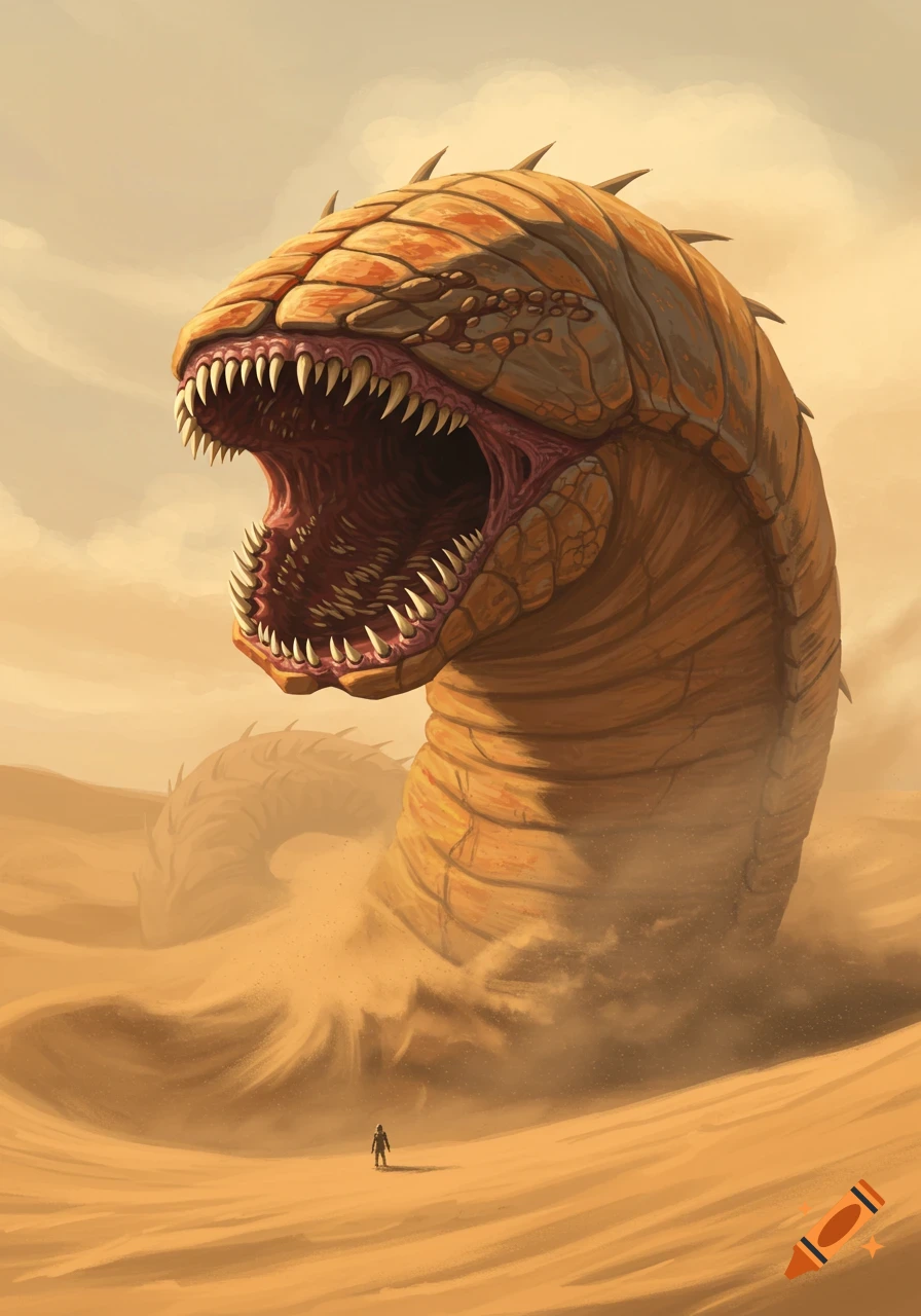 A massive, segmented brown sandworm with a gaping, toothy maw rises ...