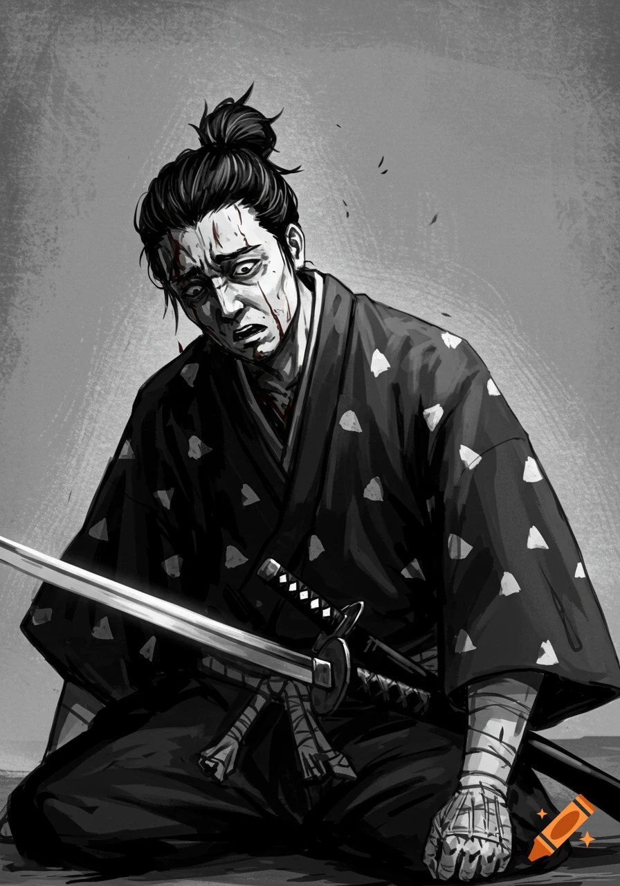 A defeated samurai kneels in shock, blood on his face, with his katana ...