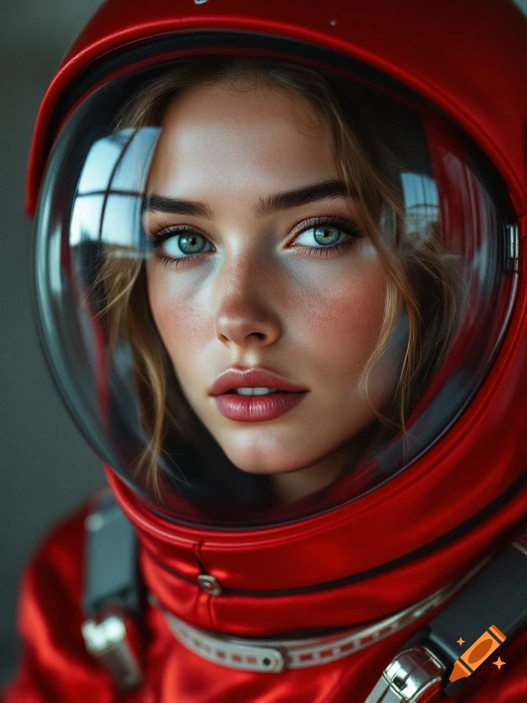 Photorealistic close-up portrait of a woman wearing a red spacesuit and clear helmet visor. on ...