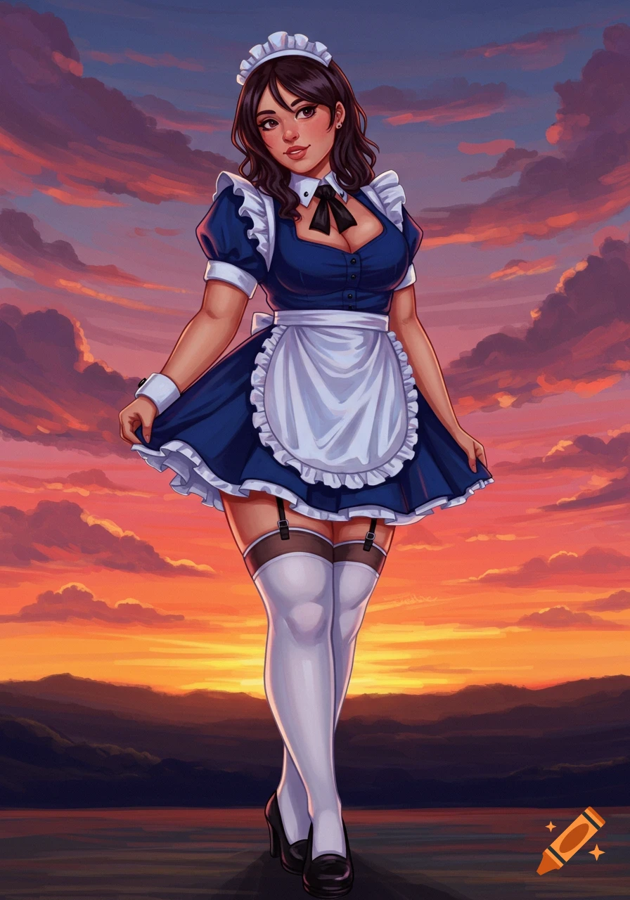 An illustrated woman in a blue and white maid outfit standing against a ...