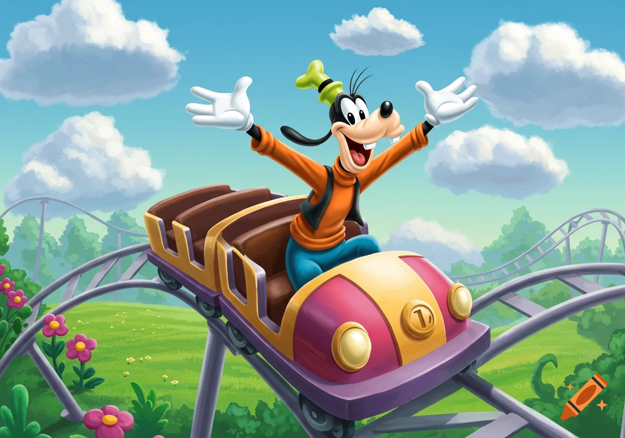Goofy rides a purple and yellow roller coaster car with arms ...