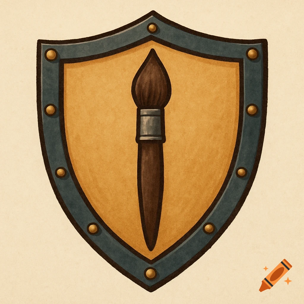 A stylized shield with a brown paintbrush centered on it, against a ...