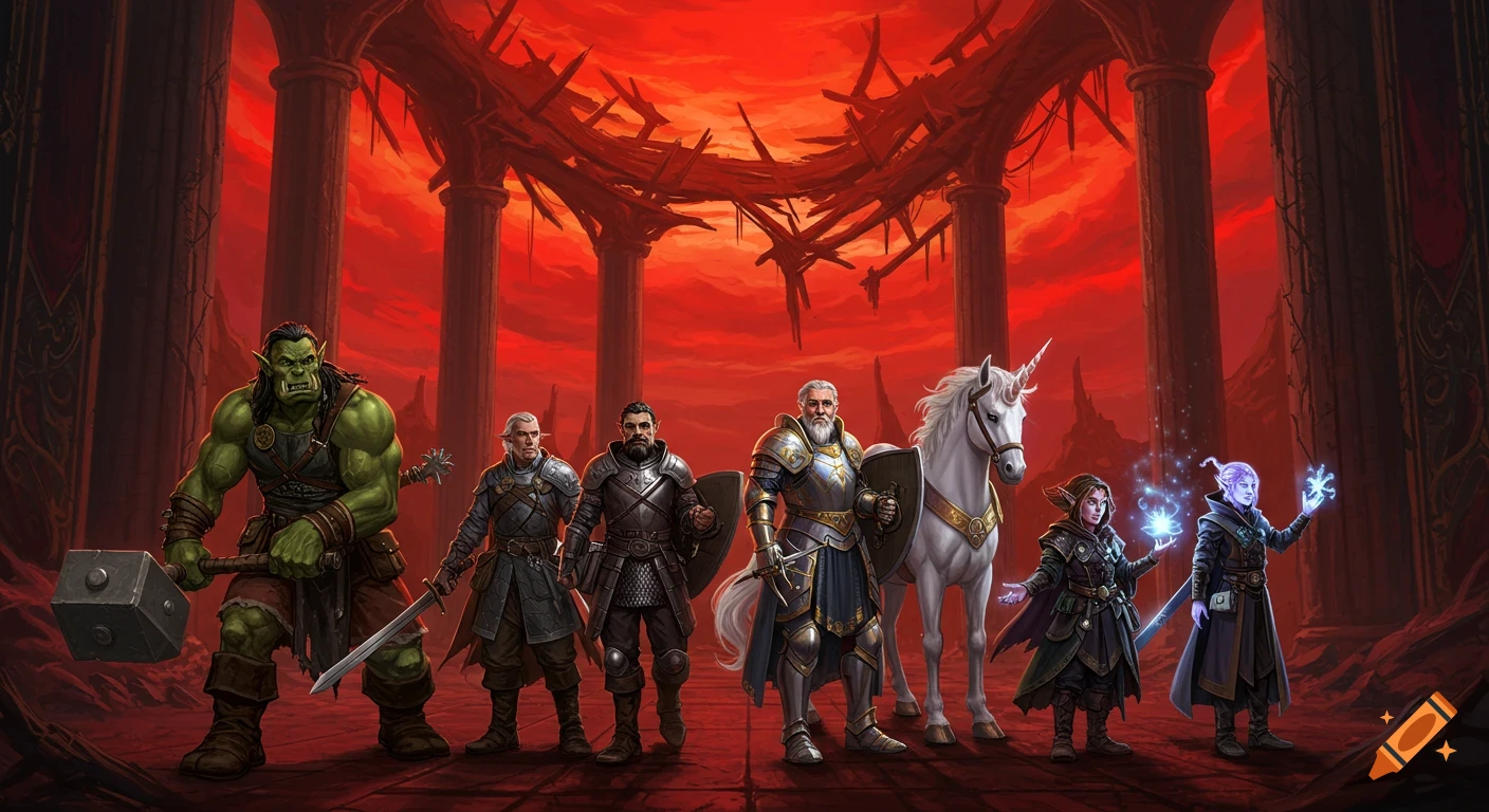 A diverse group of fantasy adventurers stands in a ruined citadel hall ...