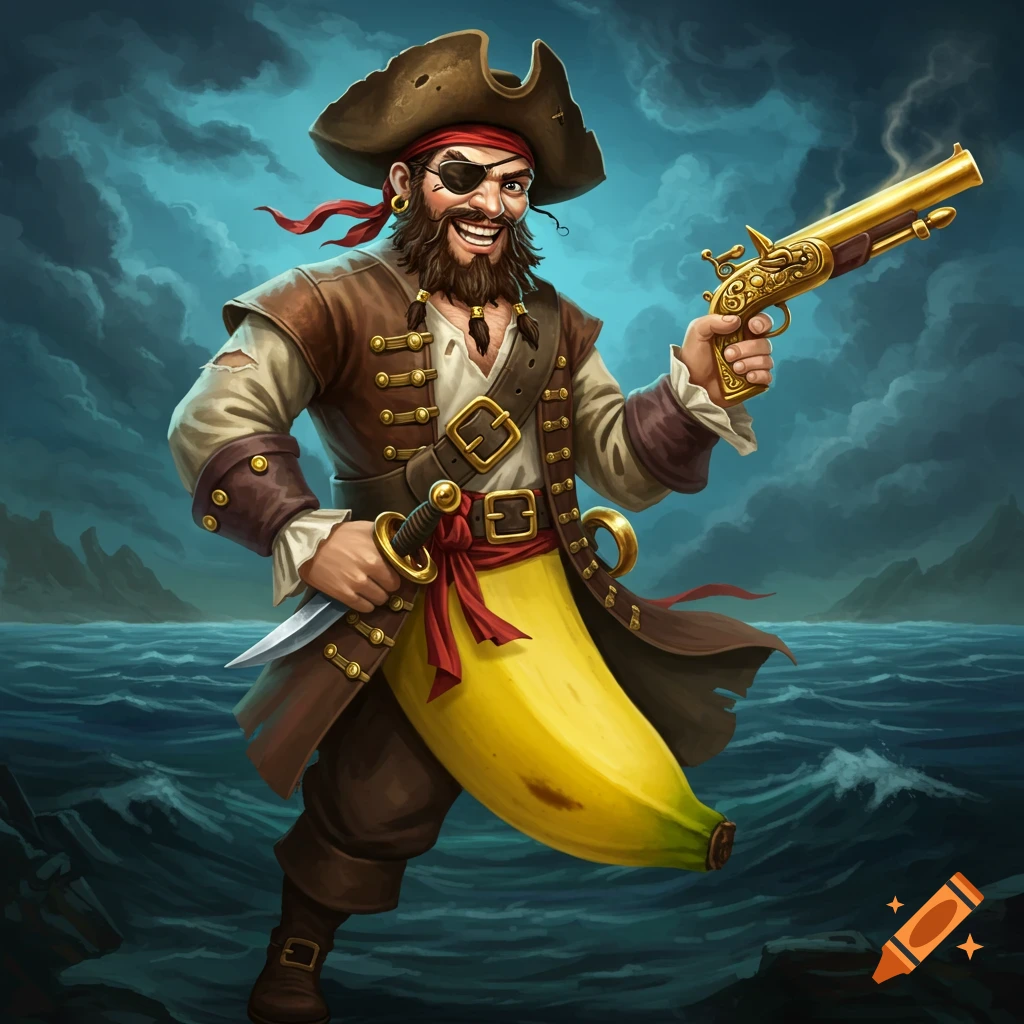 A smiling cartoon pirate with a banana for a lower body holds a golden ...