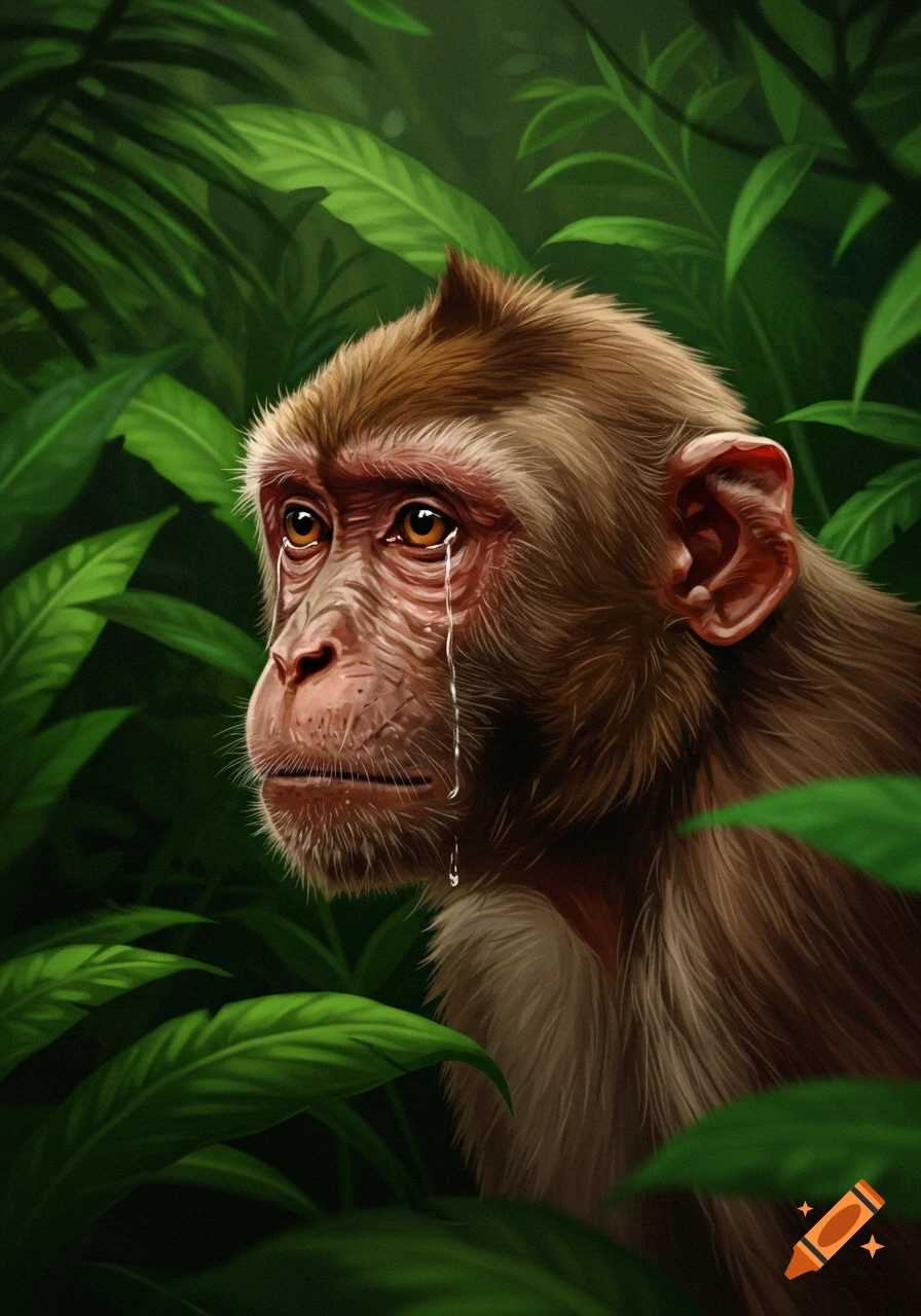 A sad monkey with tears streaming down its face sits among lush green ...