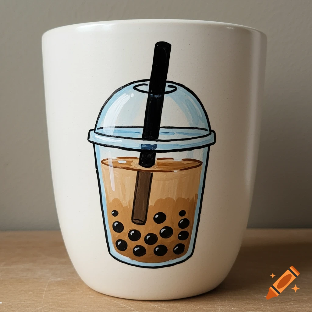 An illustration of a boba tea cup on a white ceramic mug. on Craiyon