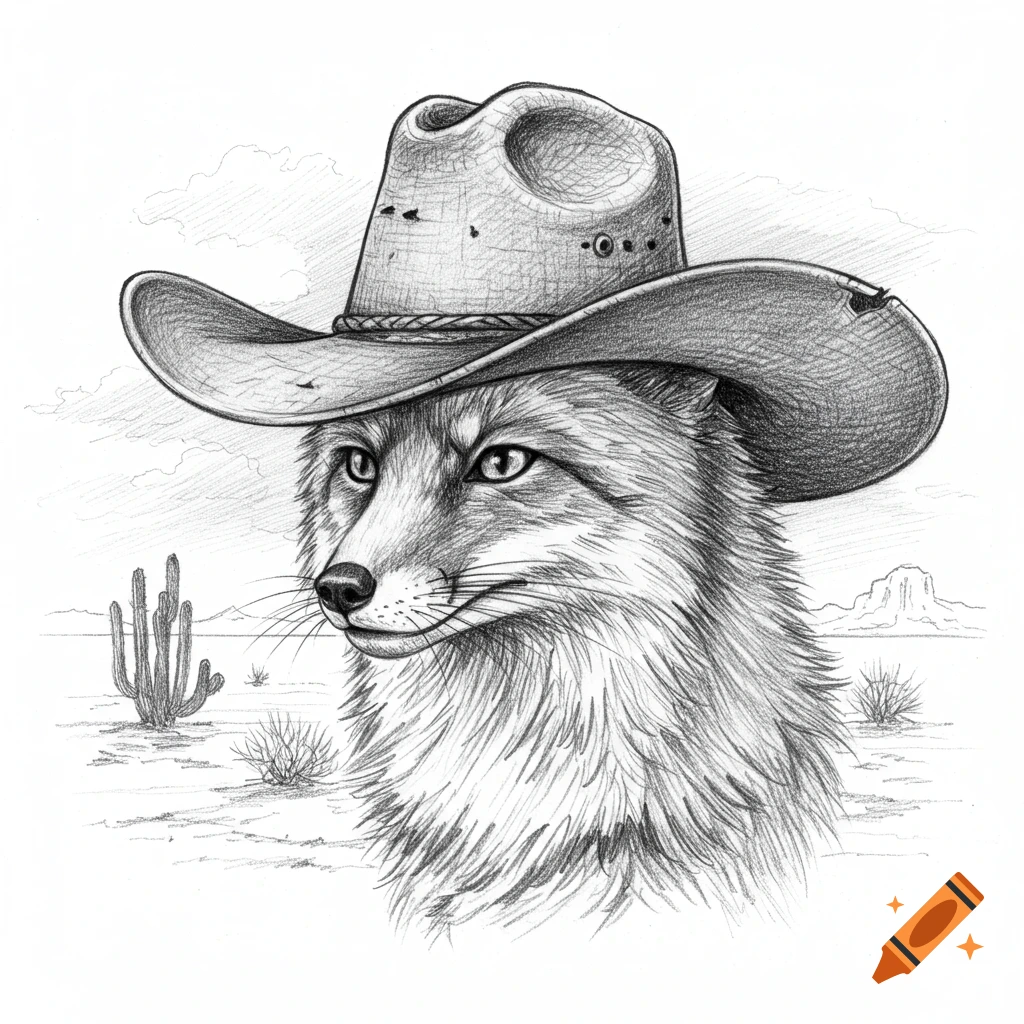 Pencil drawing of a fox wearing a cowboy hat in a desert landscape. on ...