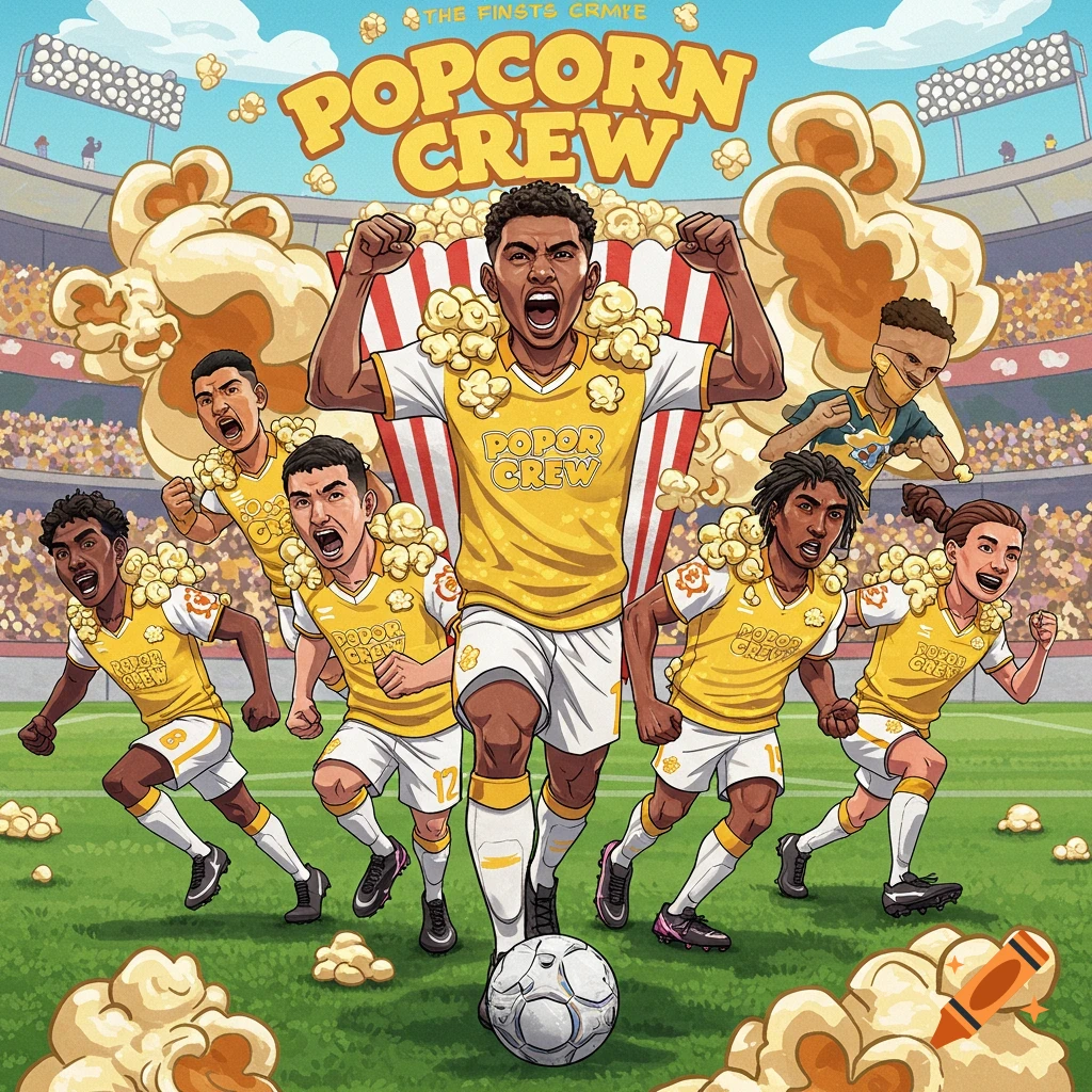 Cartoon illustration of a soccer team called 'Popcorn Crew' on a ...