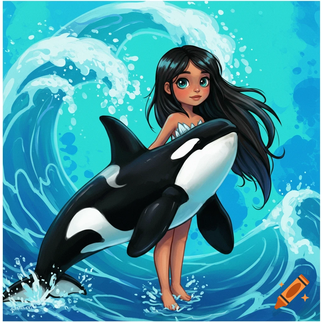 Cartoon girl with long dark hair hugging a killer whale in ocean waves ...