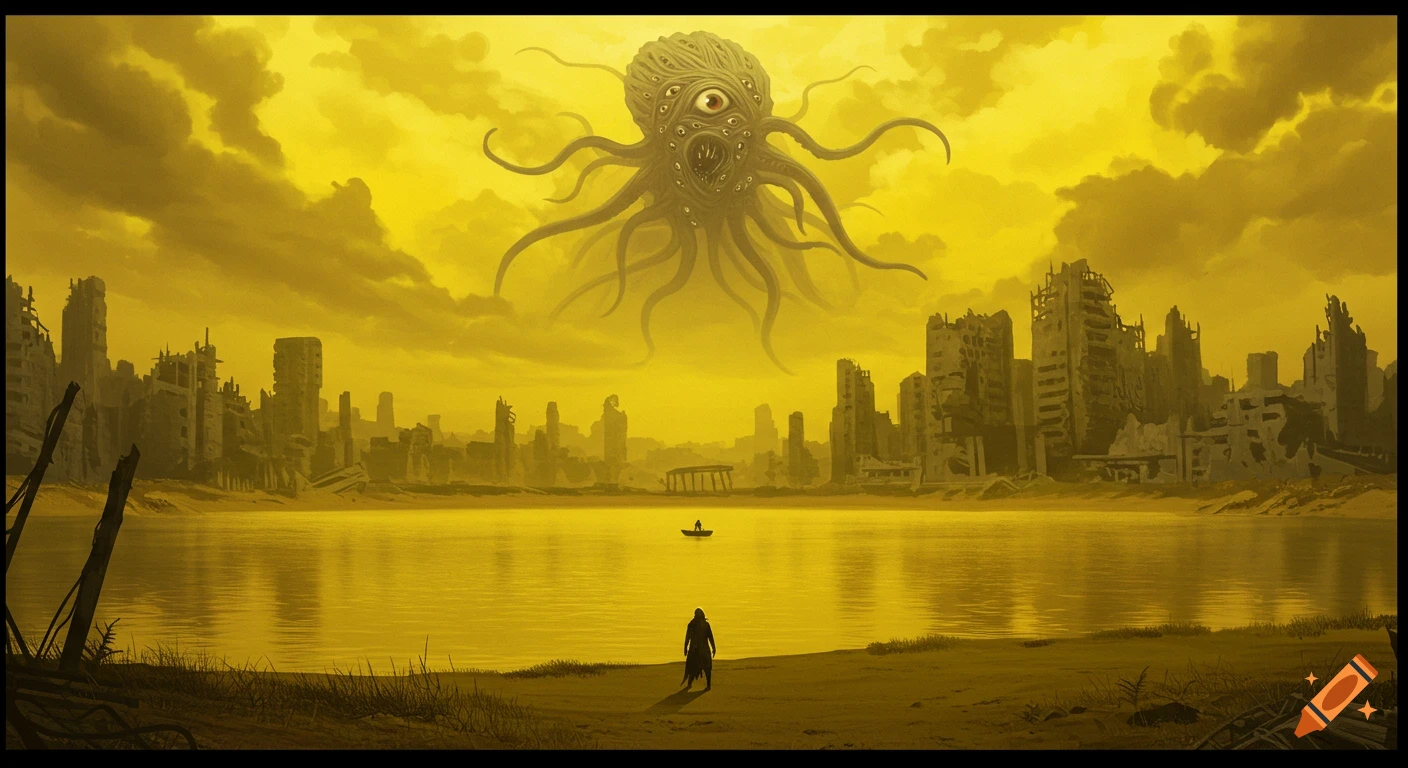 A colossal multi-eyed tentacled creature hovers above a ruined yellow ...