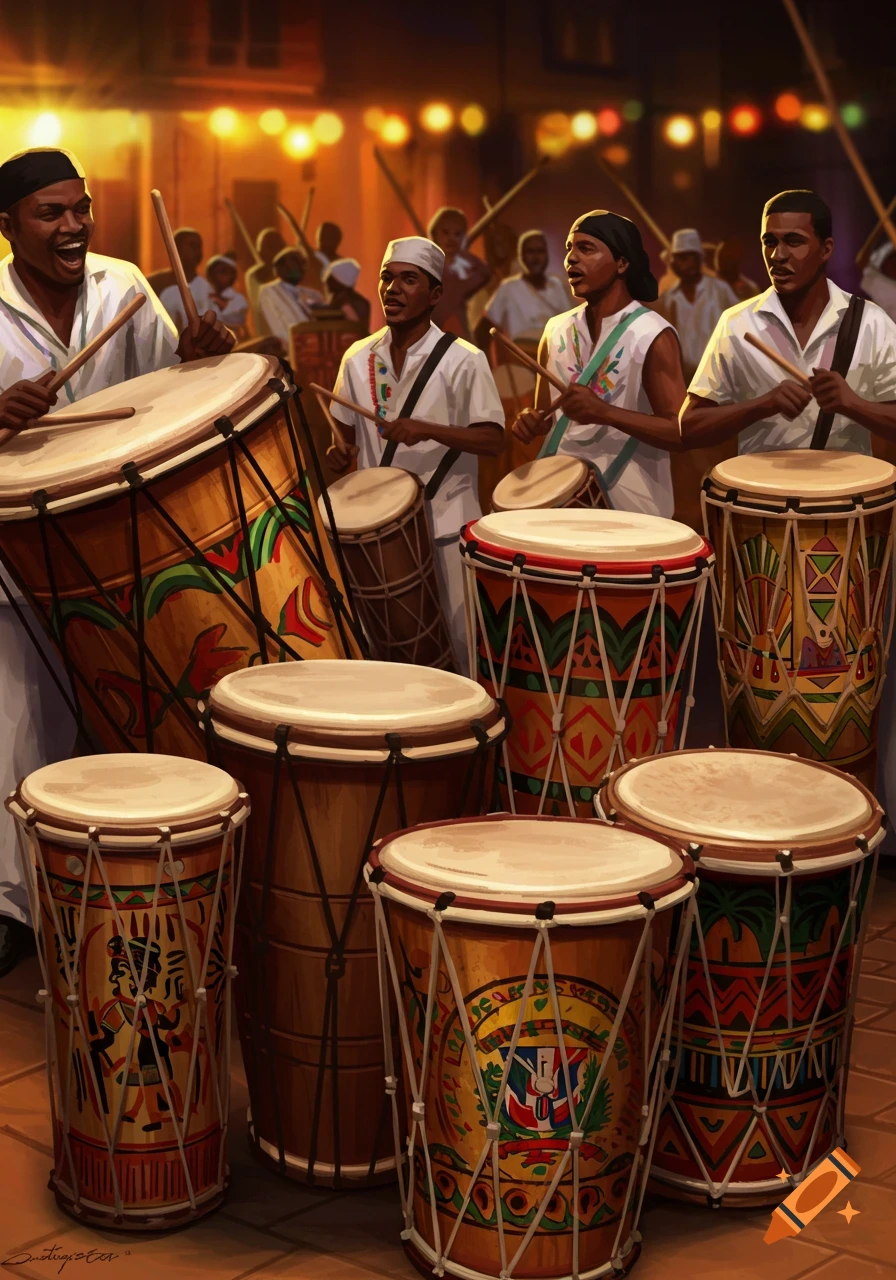 A group of men passionately playing traditional drums outdoors at night ...